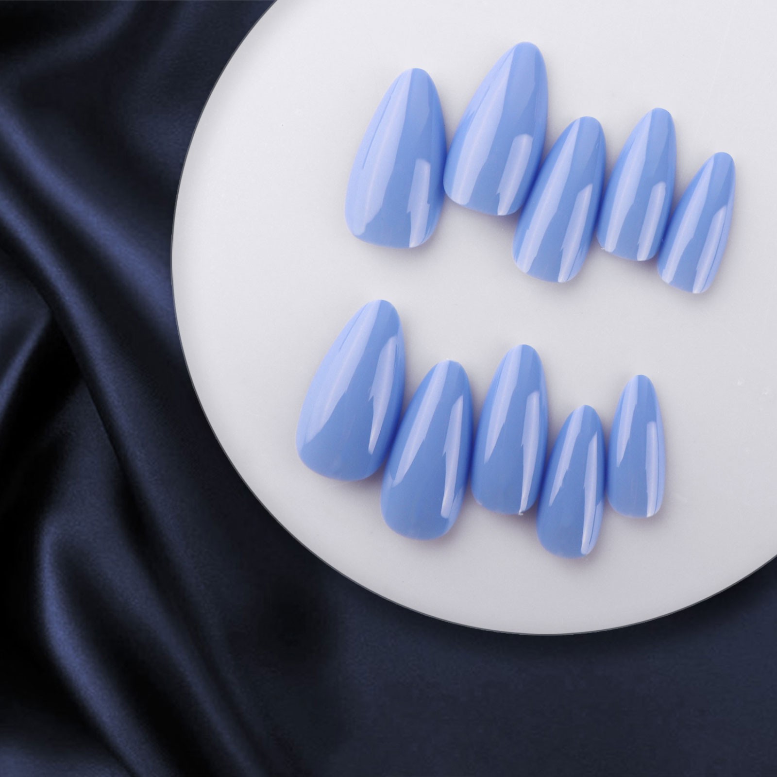 Fake Nails Elegant Long Blue Solid Glossy Water Droplet Shaped For A ...